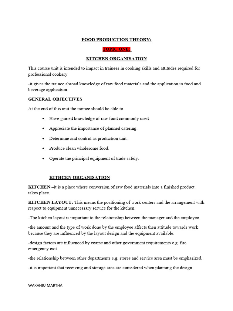 Kitchen Organization in Food Production | PDF | Hygiene | Chef