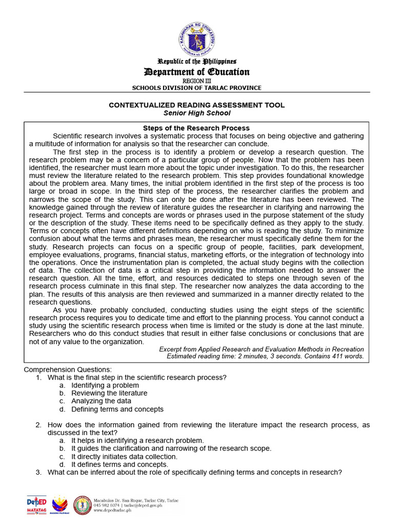 Shs. Contextualized Reading Assessment Tool | PDF | Reading ...