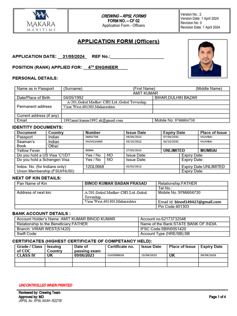 CF 02 Application Form For Officers | PDF | Ships | Oil Tanker