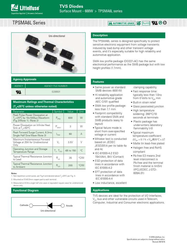 Littelfuse TVS Diode TPSMA6L Datasheet PDF | PDF | Diode | Electrical Engineering