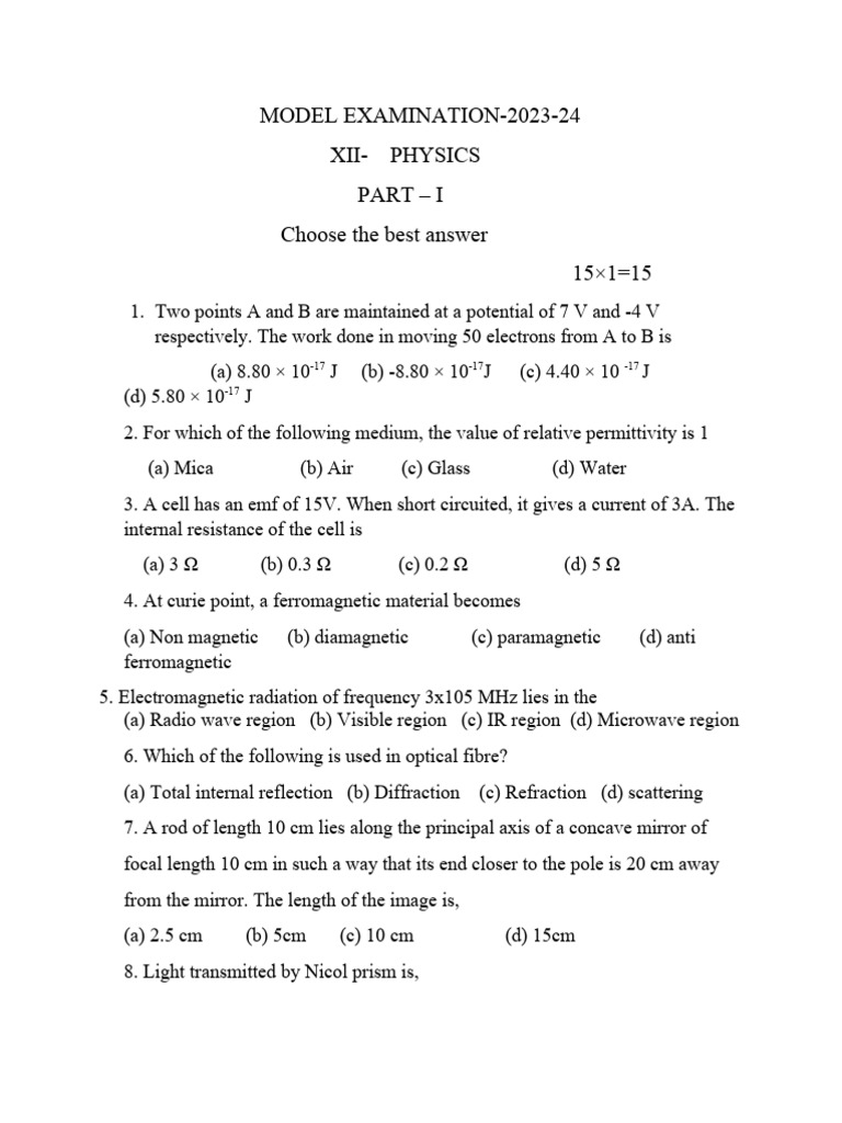 Model QP - XII - PHYSICS | PDF | Electron | Atoms