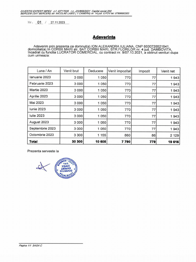 Adeverinta de Venit Ion Alexandra-Iuliana - Divertis Expert Impex - Stampilata, Semnata - 0001 ...