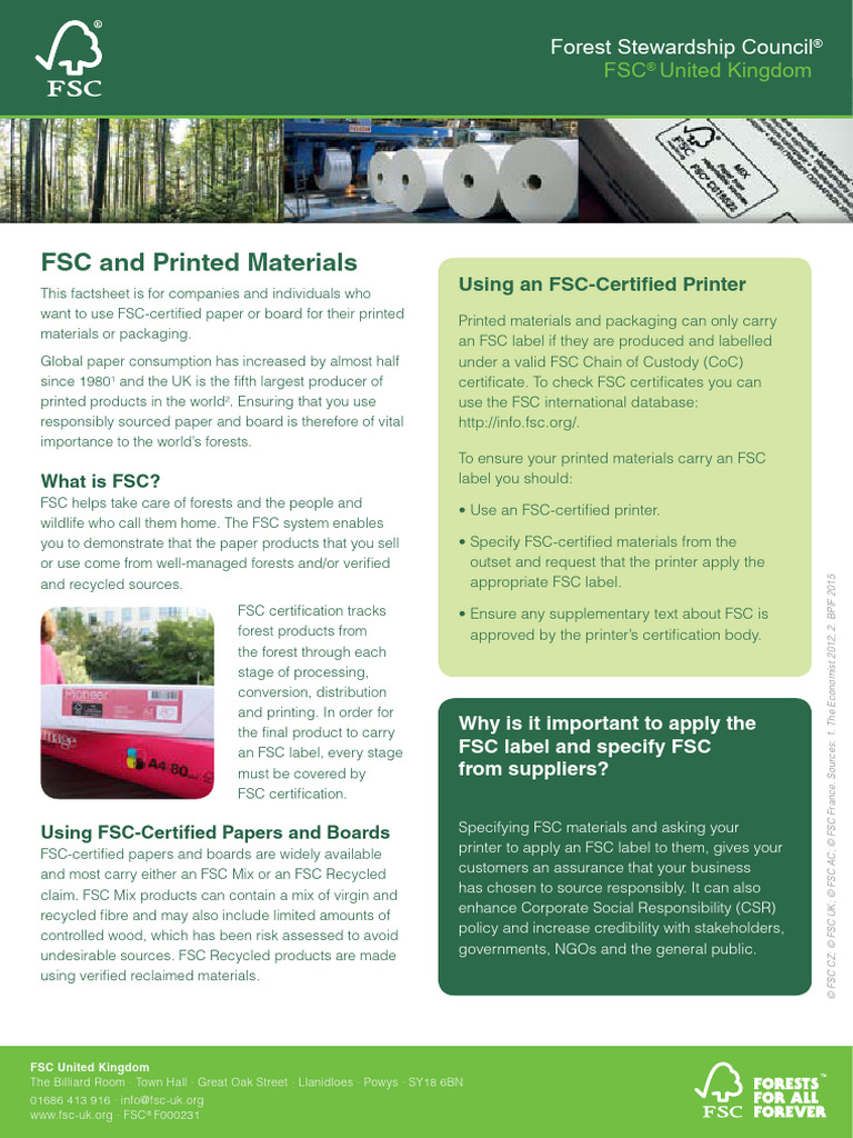 FSC and Printed Materials Factsheet 0619 | PDF | Forest Stewardship Council | Economy And The ...