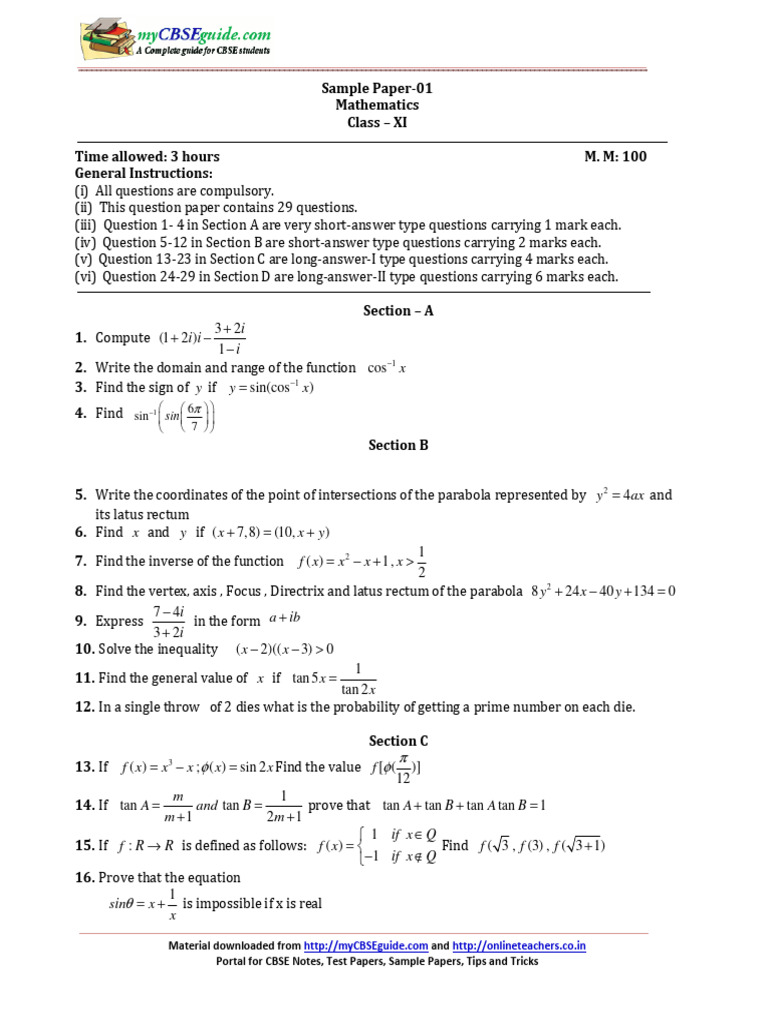 2017 11 Sample Paper Mathematics 01 QP | PDF | Mathematical Objects | Mathematical Analysis