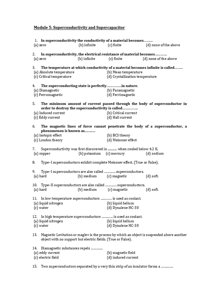 Mcq Module 5 Superconductivity Supercapacitor Pdf Superconductivity