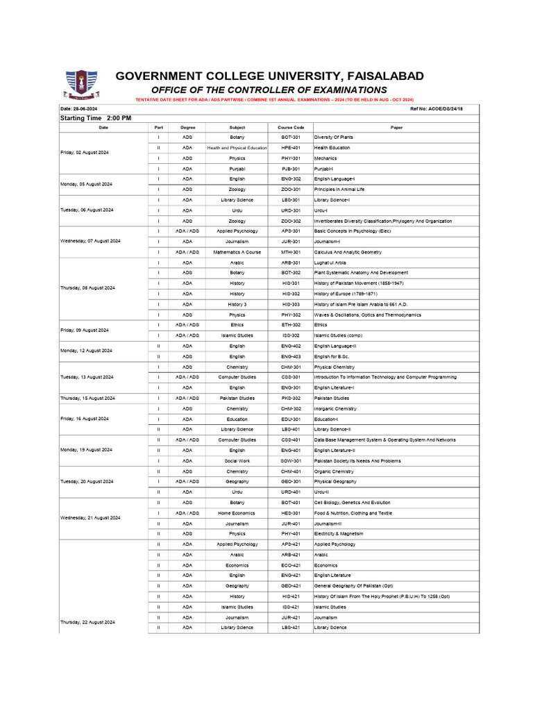 141 Date Sheet Of Ada Ads 1st Annual 2024 Pdf Mathematics Zoology