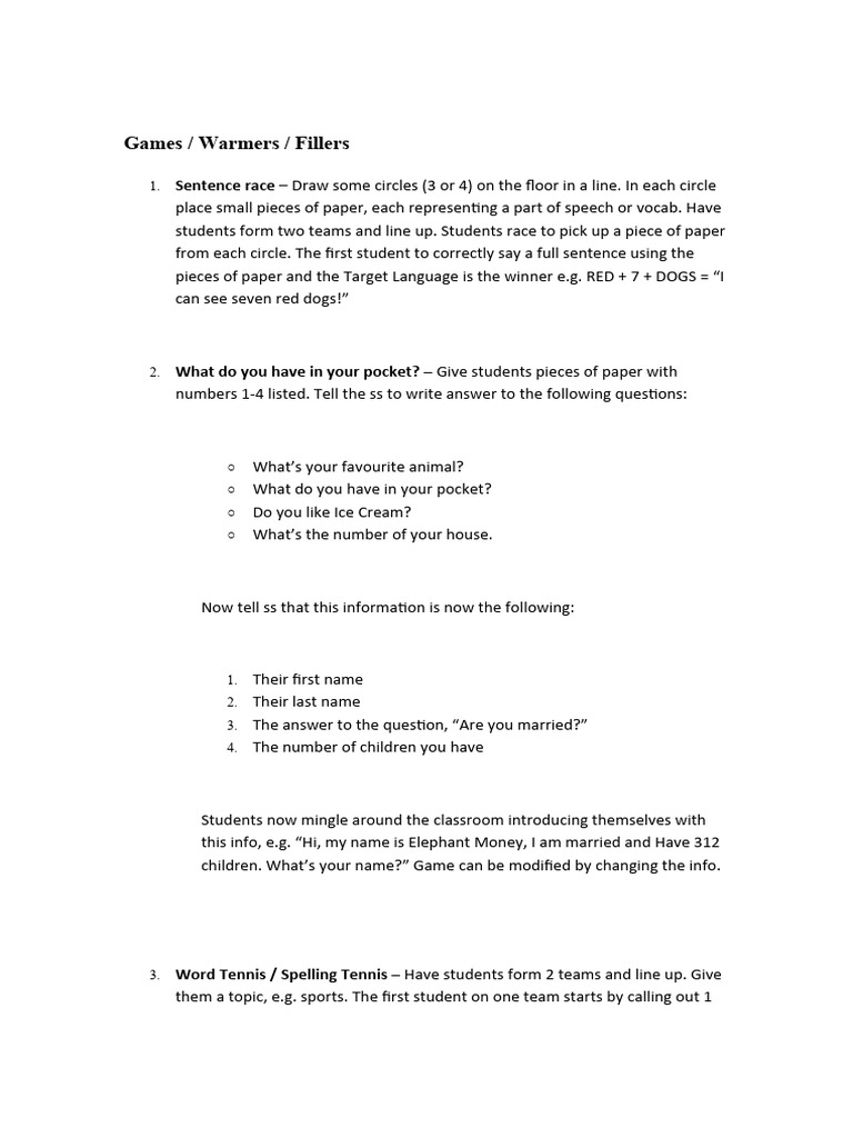 Games Warmers Fillers | PDF | Linguistics