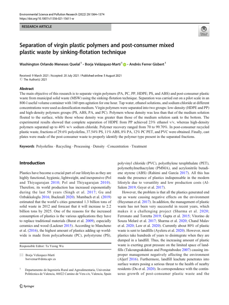 Separation of Virgin Plastic Polymers and Post-Consumer Mixed Plastic ...