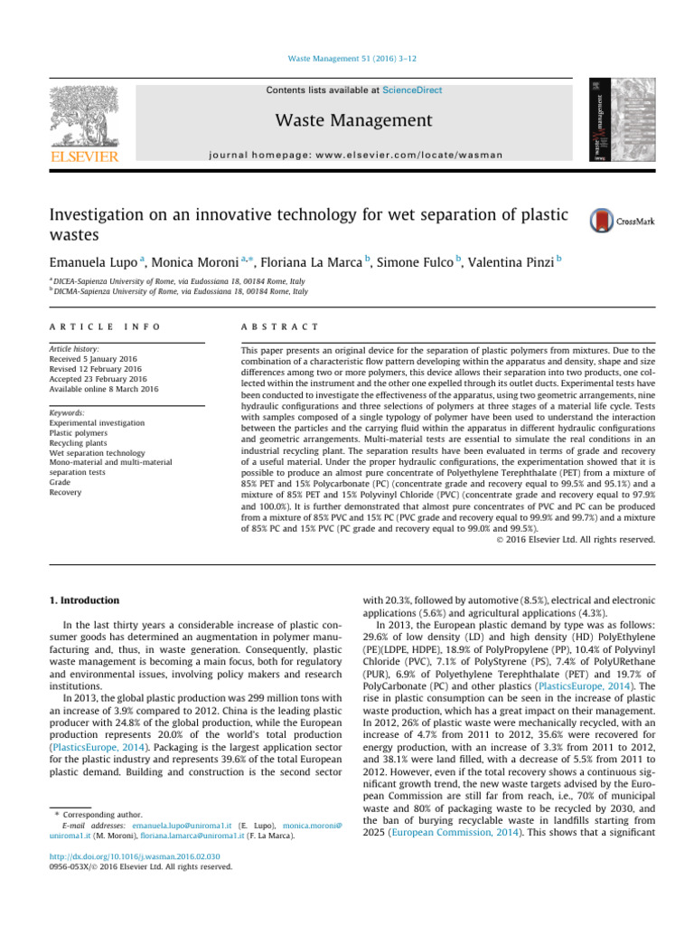 Investigation On An Innovative Technology For Wet Separation of Plastic ...