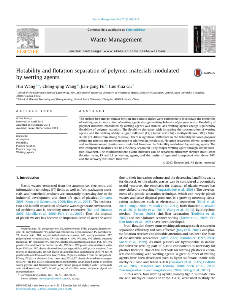 Flotability and Flotation Separation of Polymer Materials Modulated by Wetting Agents | PDF ...