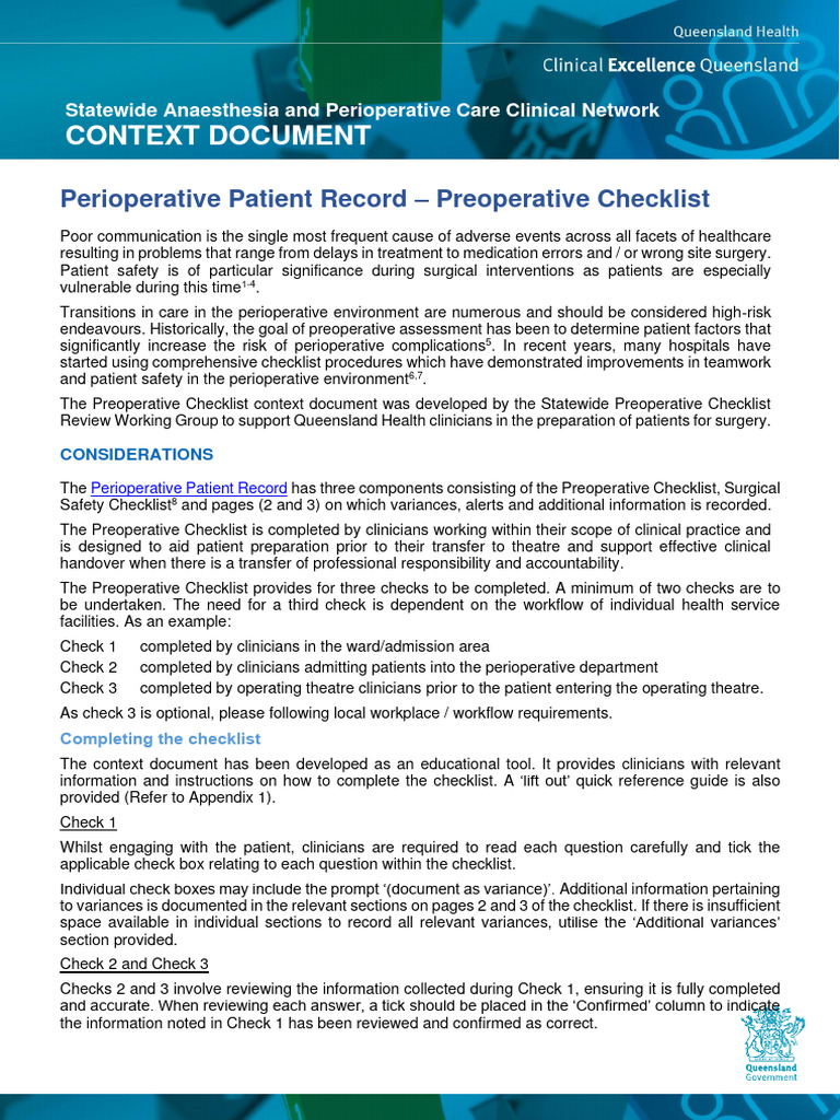 Pre Op Checklist Context Document | PDF | Diabetes | Informed Consent