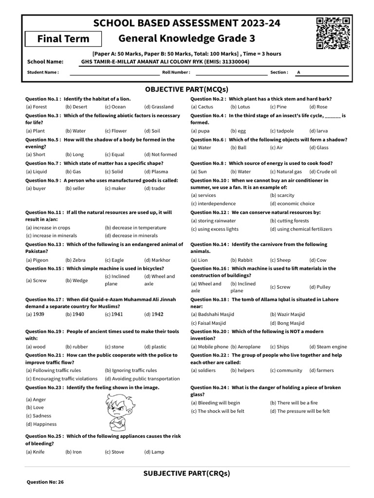 School Based Assessment 2023-24 Final Term General Knowledge Grade 3 ...