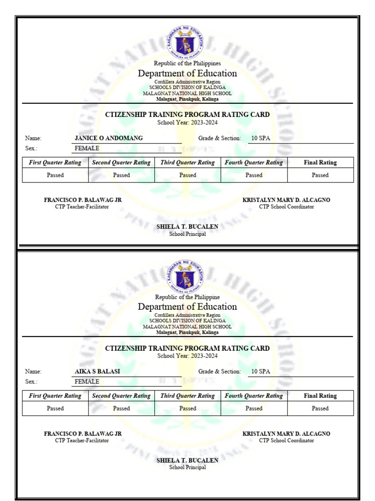 CTP Rating Card Final | PDF | Philippines
