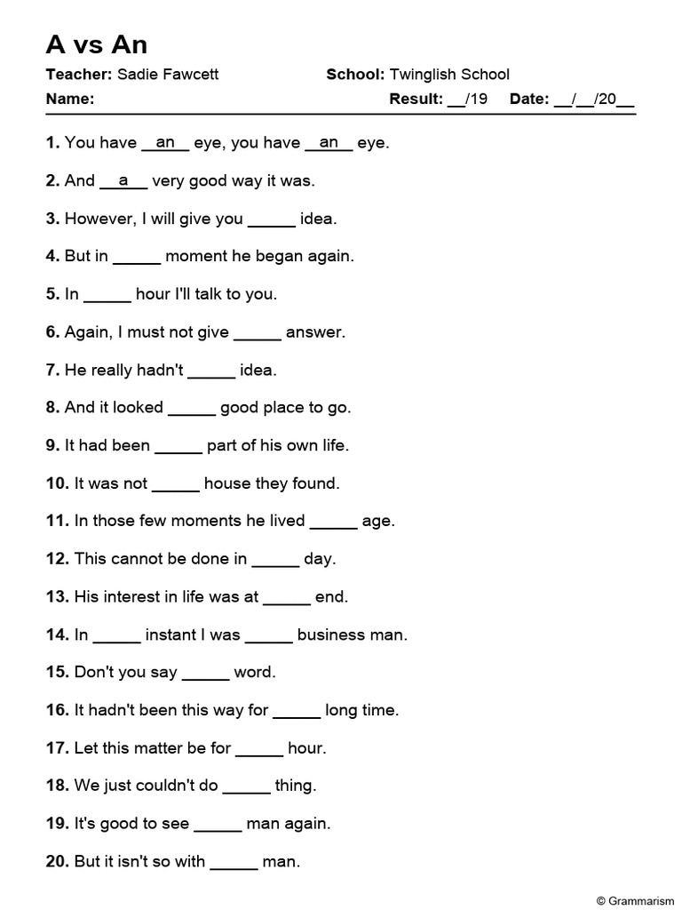 A vs An Grammar Exercise | PDF | Language Arts & Discipline
