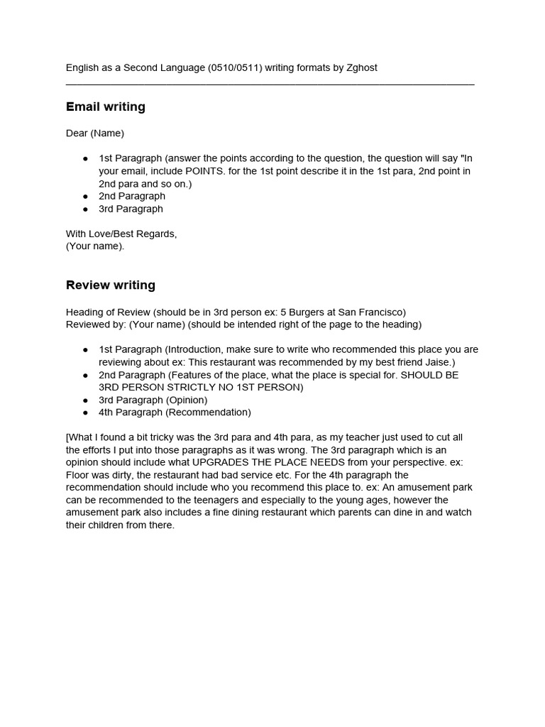 English As A Second Language (0510 - 0511) Writing Formats by Zghost | PDF