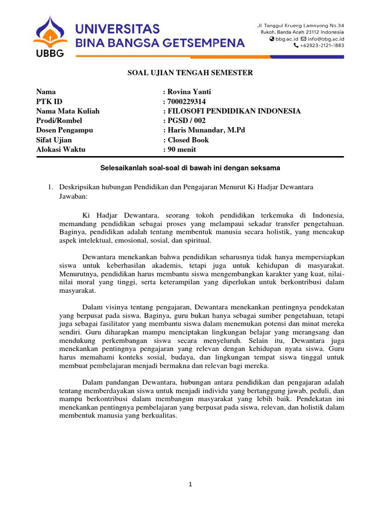 Rovina Yanti - Uts - Filosofi Pendidikan Indonesia - PGSD-002 | PDF | Karier & Perkembangan ...