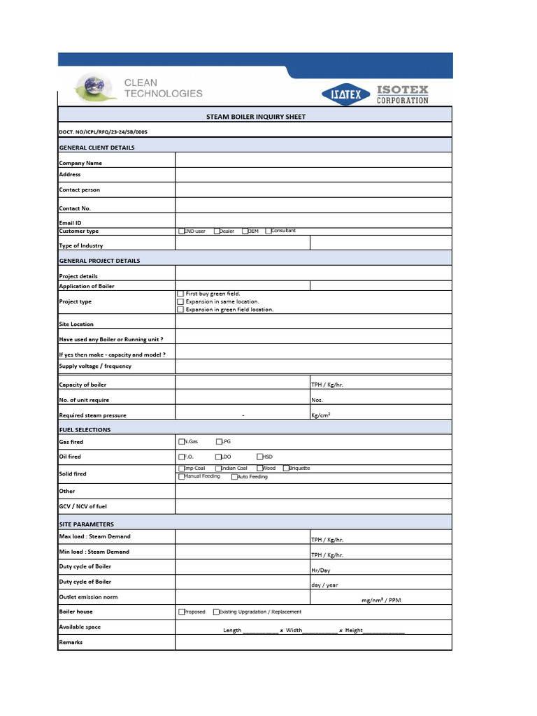 Steam Boiler Inquiry Form Template | PDF
