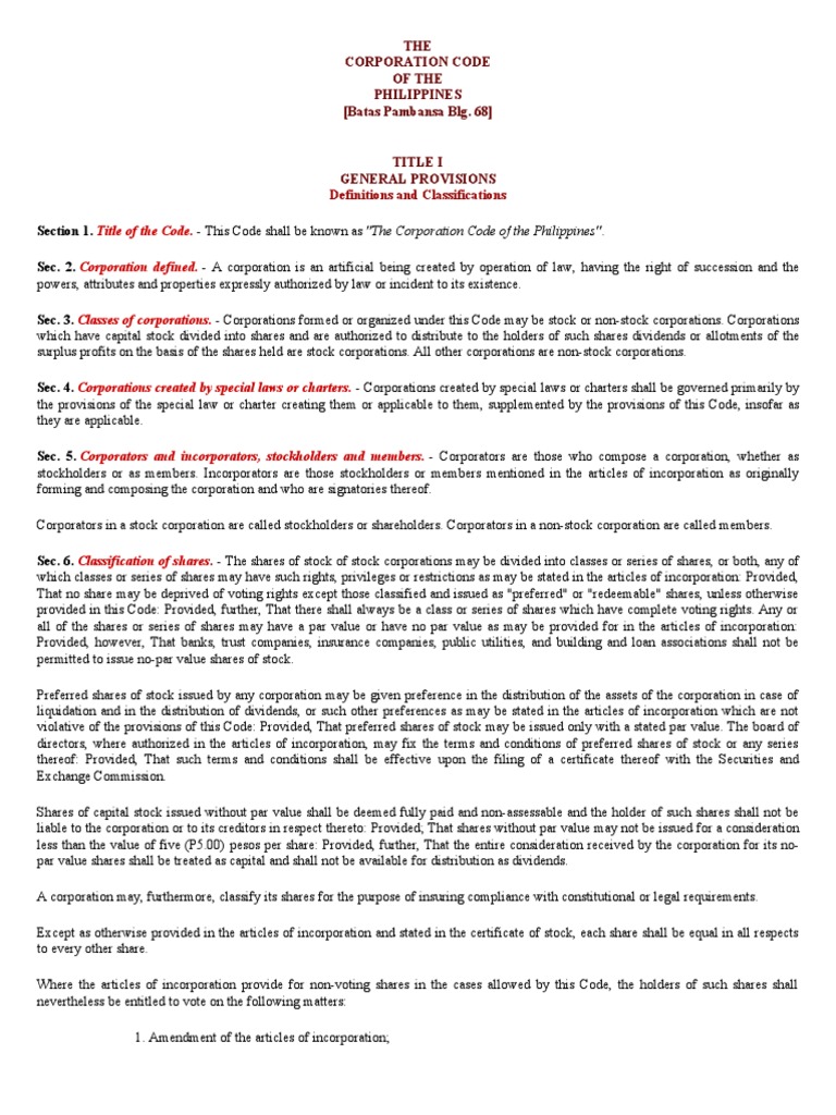 Title of The Code. Corporation Defined.: Section 1. Sec. 2 | PDF ...