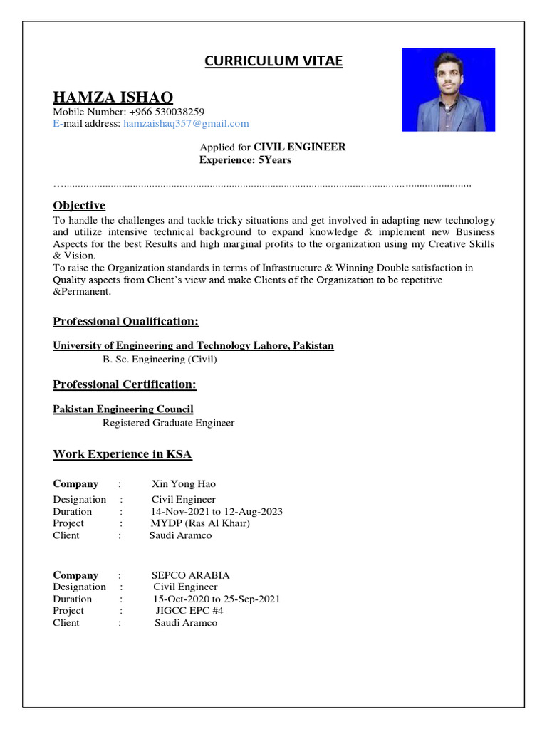 Hamza Ishaq - CV - Civil-Engineer | PDF | Pipe (Fluid Conveyance) | Screw