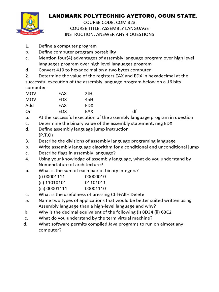 Landmark Typed Exam 2024 | PDF | Assembly Language | Databases