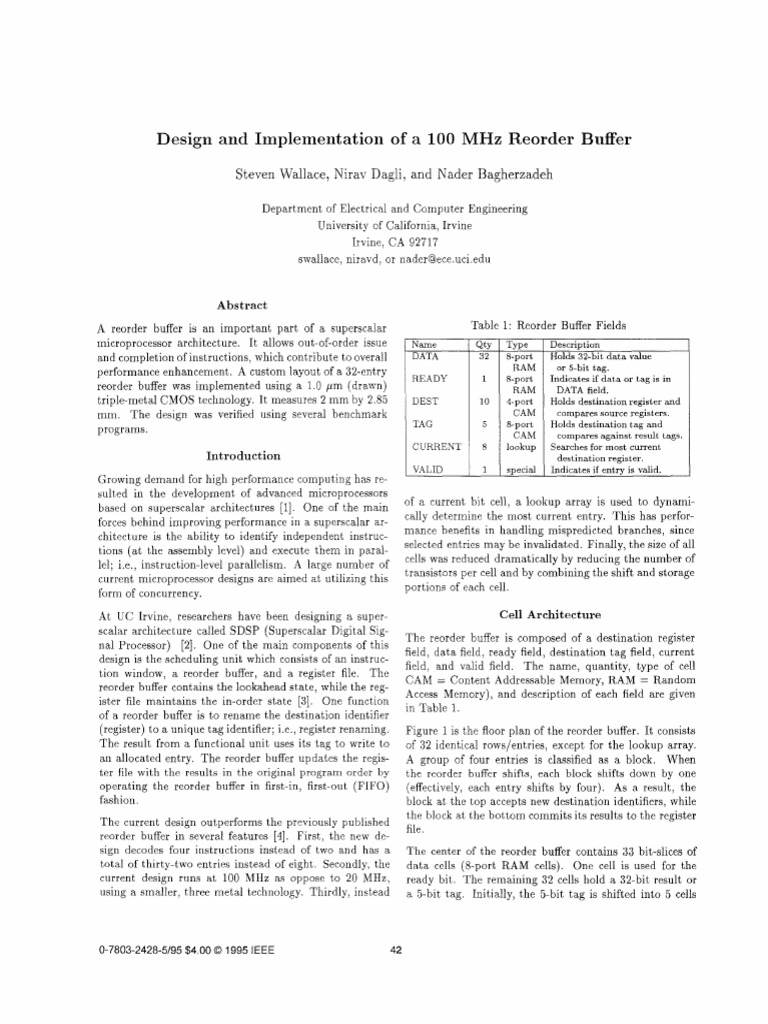 Design And Implementation Of A 100 Mhz Reorder Buffer Pdf Electronics Central Processing Unit
