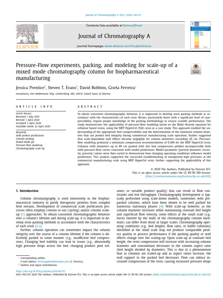 Pressure-Flow Experiments, Packing, and Modeling For Scale-Up of A Chromatography Column For ...