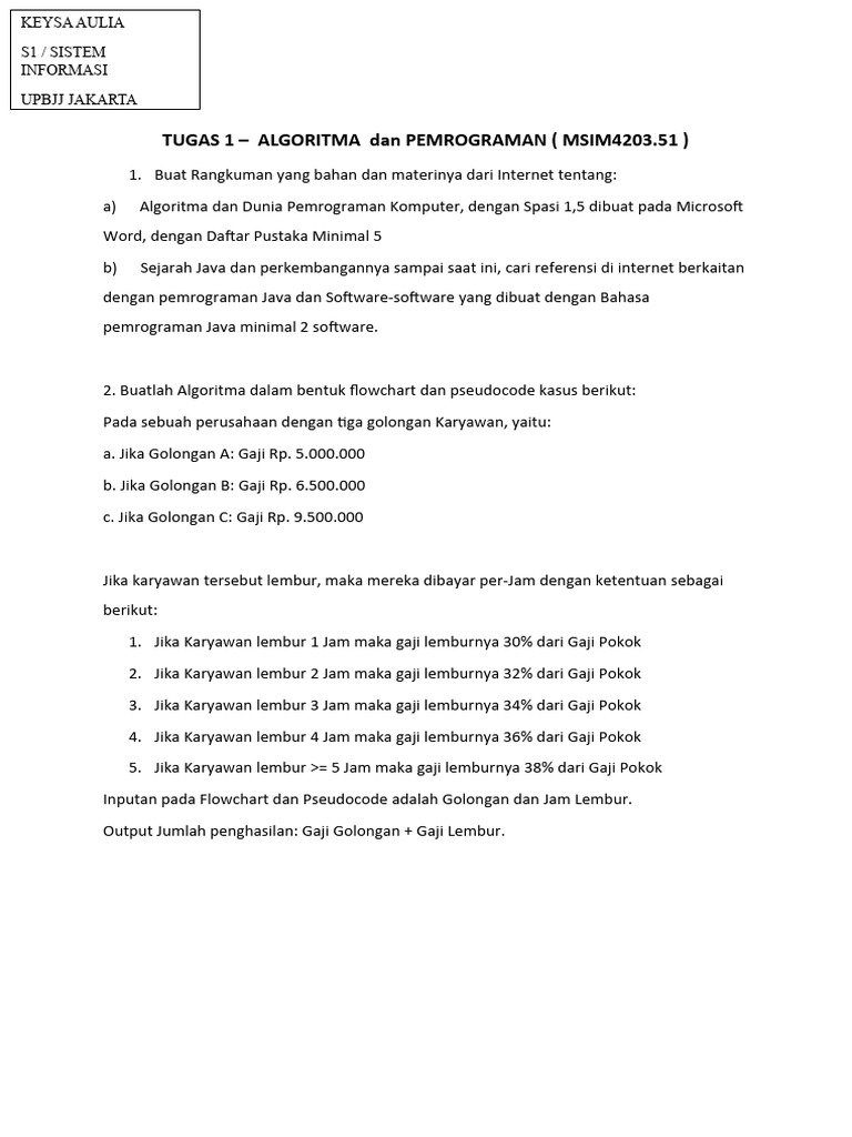 KEYSA AULIA - 044830092 - TUGAS 1 Algoritma Dan Pemrograman | PDF | Komputer