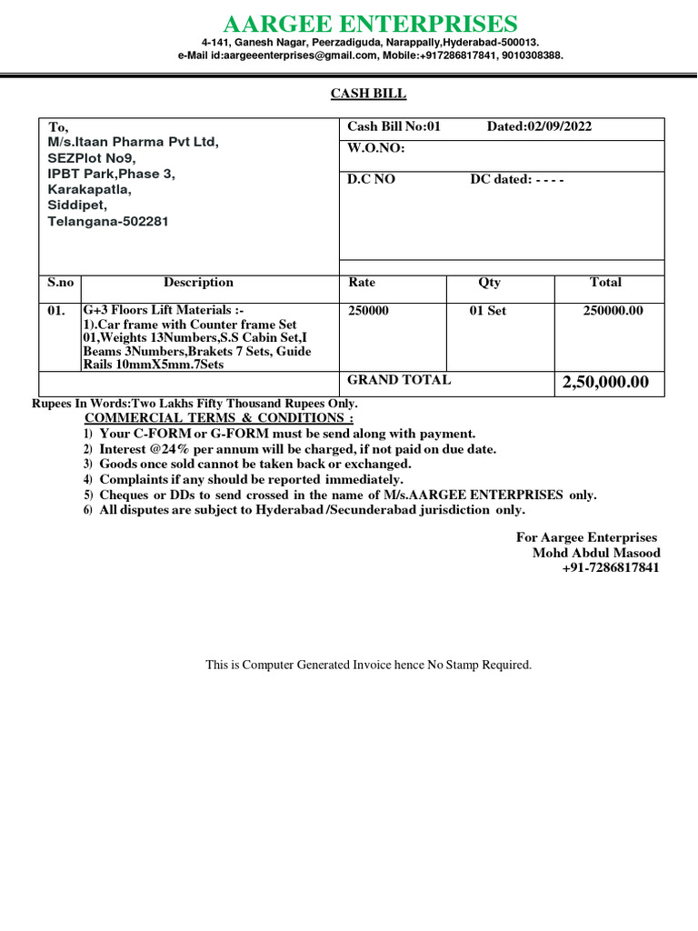 Cash Bill for Lift Materials Invoice | PDF