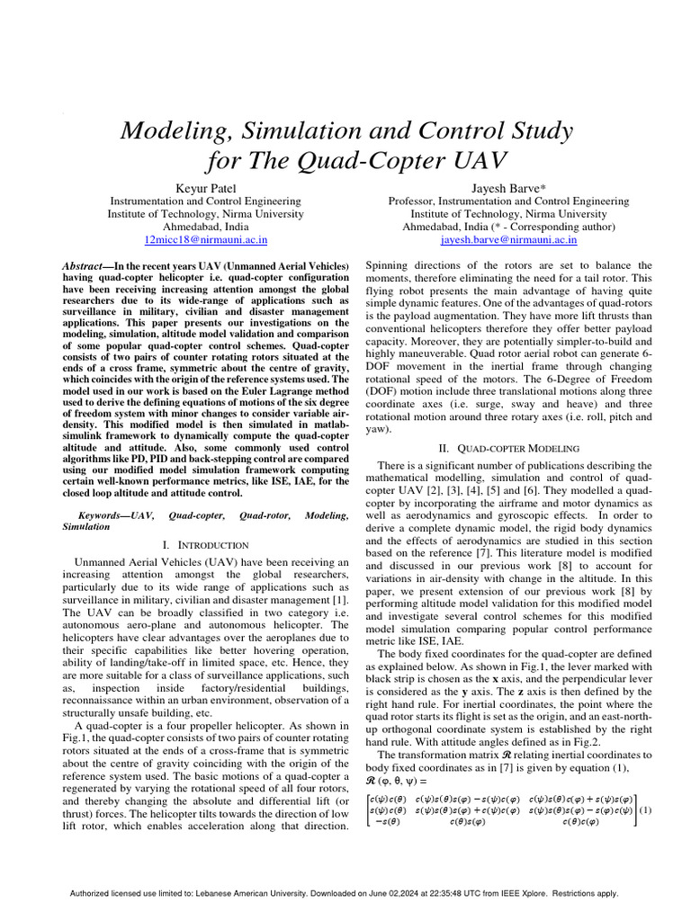Modeling Simulation and Control Study For The Quad-Copter UAV | PDF | Quadcopter | Rotation