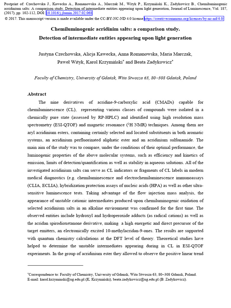 Chemiluminogenic Acridinium Salts A Comparison Study Detection of Intermediate Entities ...