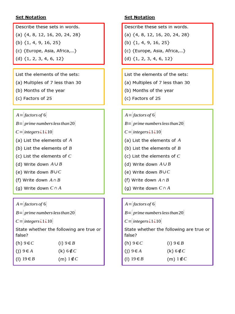 Set Notation Practice Strips | PDF