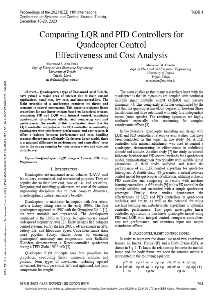 Comparing LQR and PID Controllers For Quadcopter Control Effectiveness and Cost Analysis | PDF ...