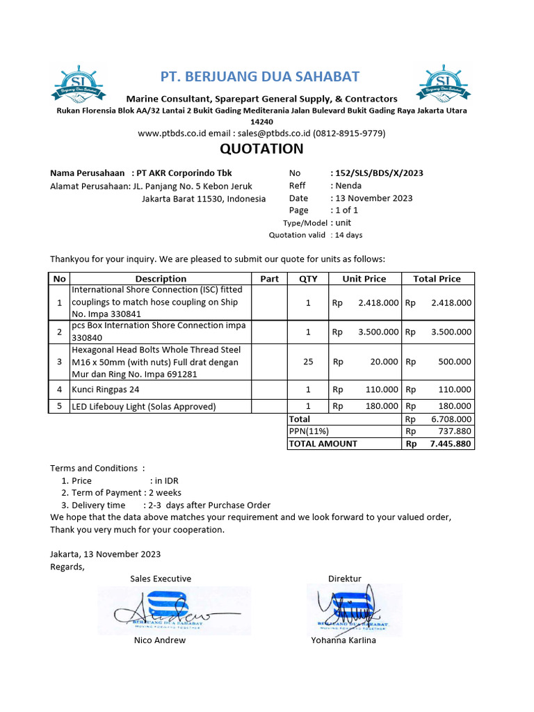 International Shore Connection PT. BDS Quotation A.102 BPB 29 PT AKR | PDF