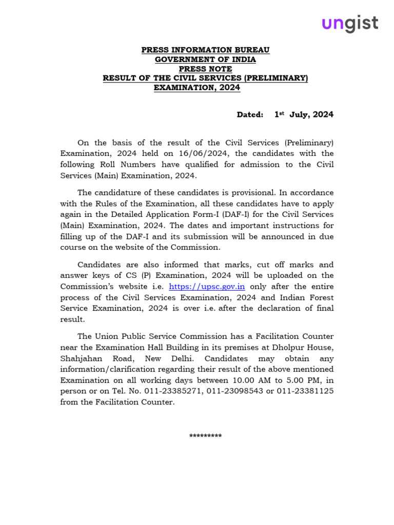 UPSC Prelims Result 2024 | PDF | Qualifications | Government
