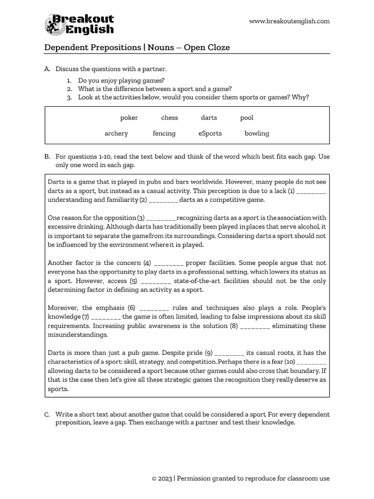 Dependent Prepositions Nouns Open Cloze | PDF