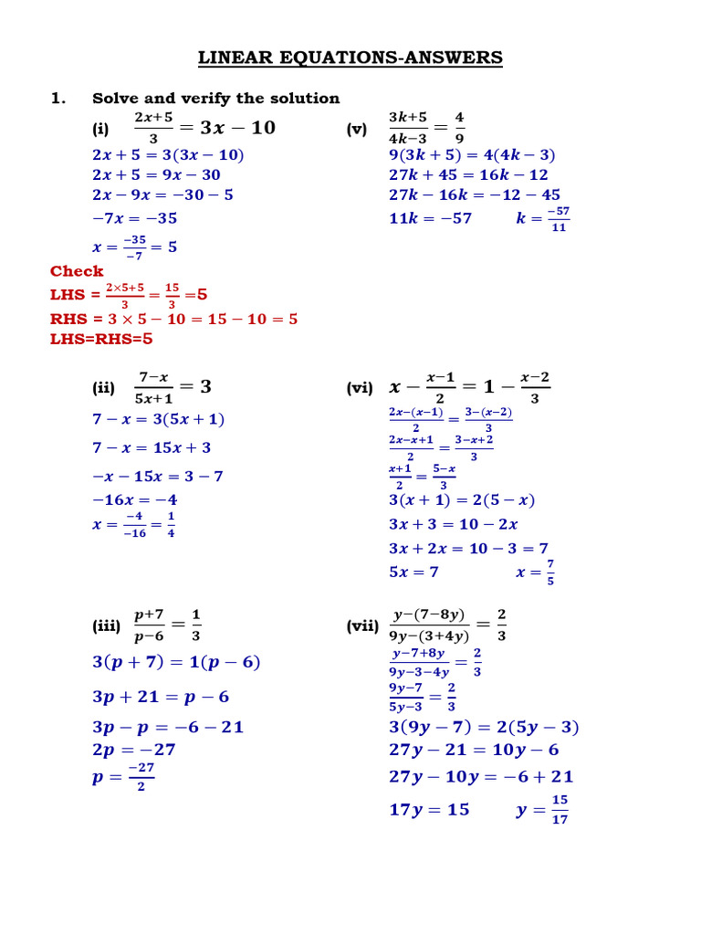 Solving Linear Equations-Ans | PDF | Equations | Arithmetic