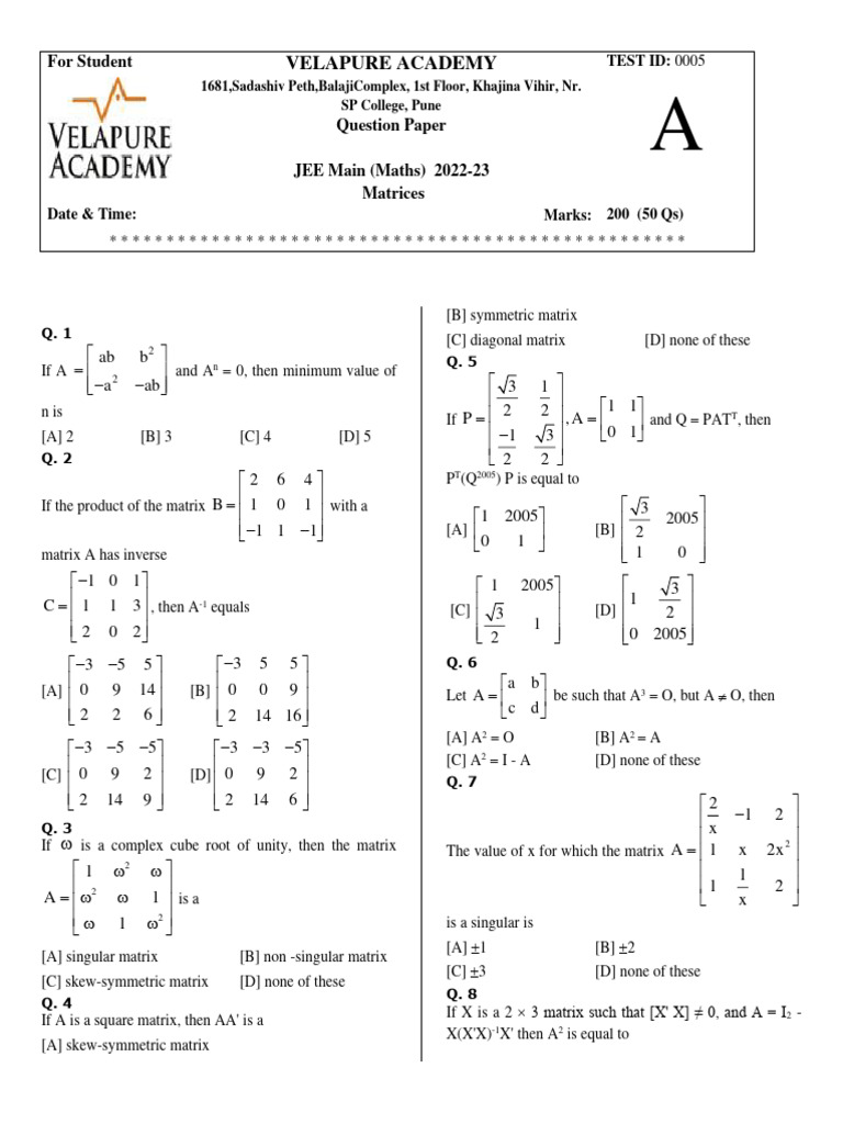 (A) JEE Main (Maths) 5. Matrices Q Paper | PDF | Matrix (Mathematics ...
