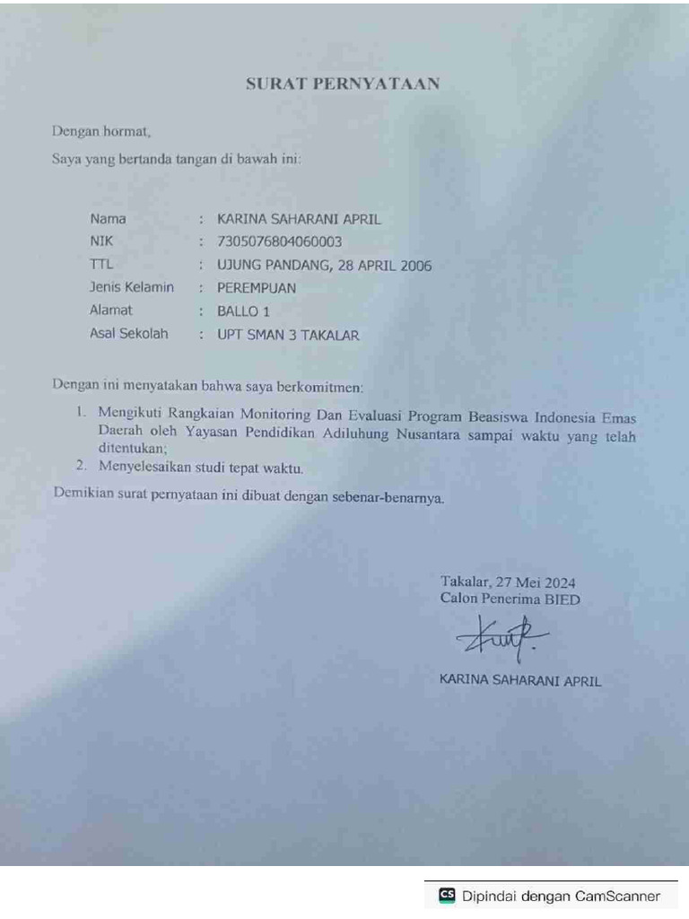 Surat Komitmen Karina Saharani April - Compressed | PDF