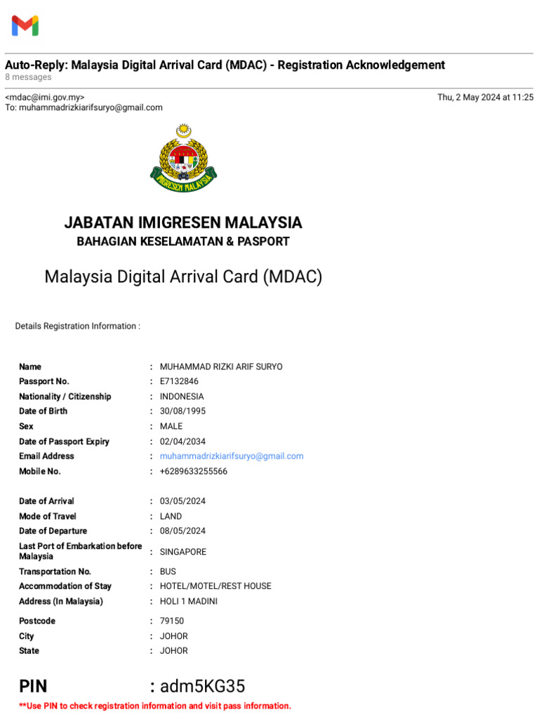 Malaysia Digital Arrival Card (MDAC) - Registration Acknowledgement ...