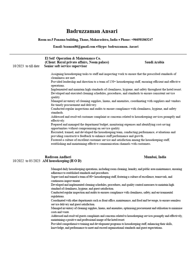 BDZ New Resumes | PDF | Housekeeping | Leadership