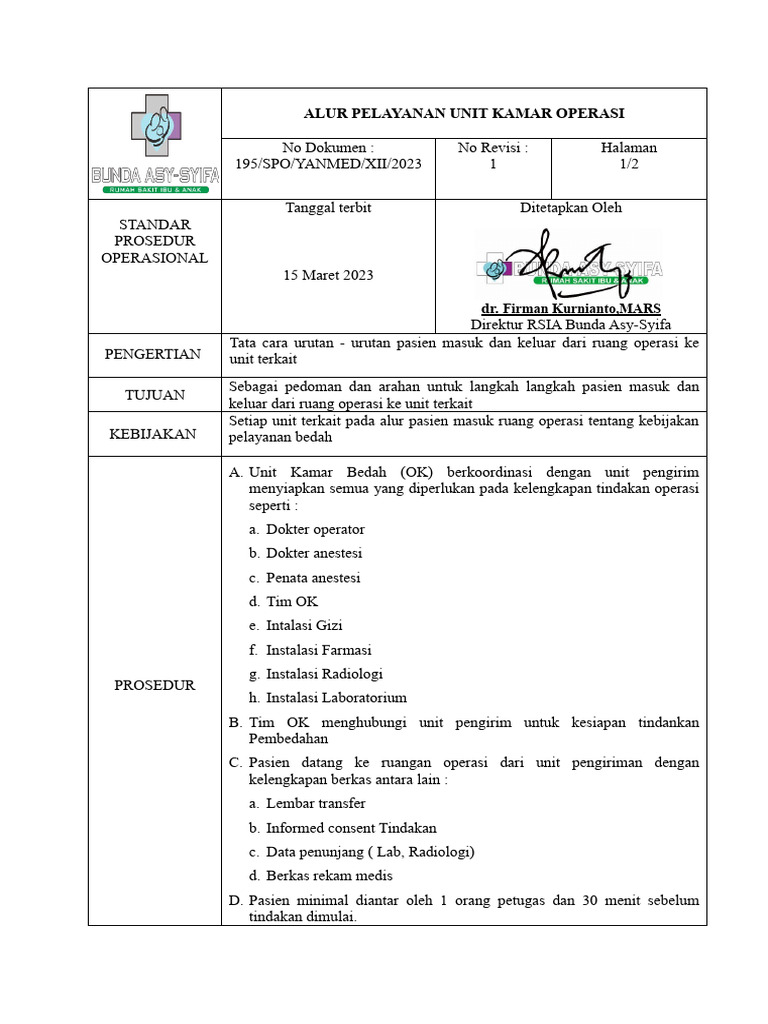 Sop Alur Pelayanan Unit Kamar Operasi Pdf