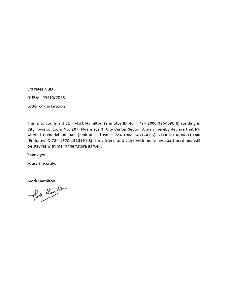 ENBD Declaration Letter PDF