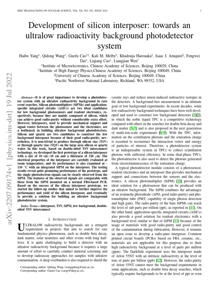 Development of Silicon Interposer: Towards An Ultralow Radioactivity ...