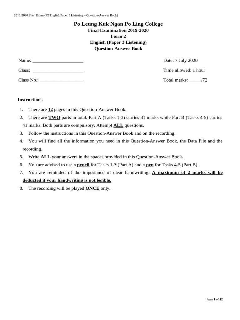 1920 F2 Final Exam Paper 3 Listening Q A | PDF | Books | Human ...