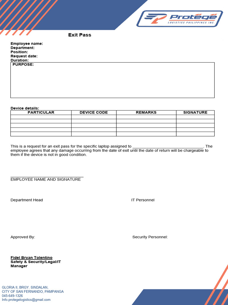 Device Exit Pass Form | PDF
