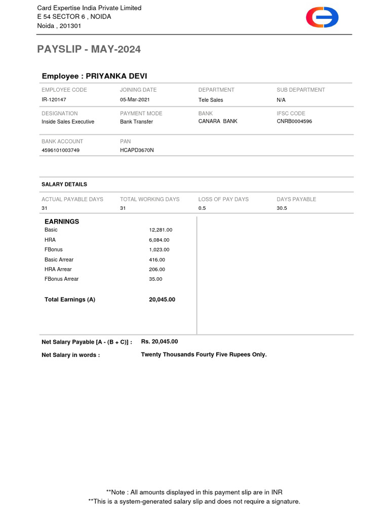 Payslip-IR-120147-Priyanka 3 month s slip-MAY-2024 | Download Free PDF ...