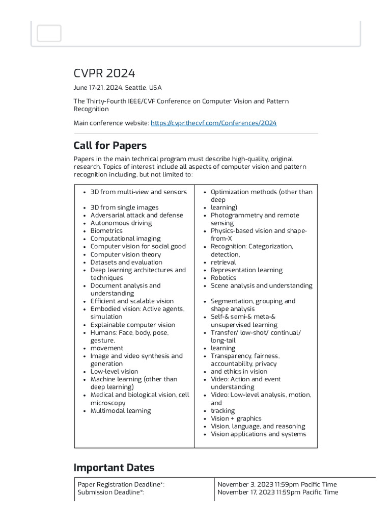 CVPR 2024 Call For Papers | PDF | Computer Vision | Deep Learning