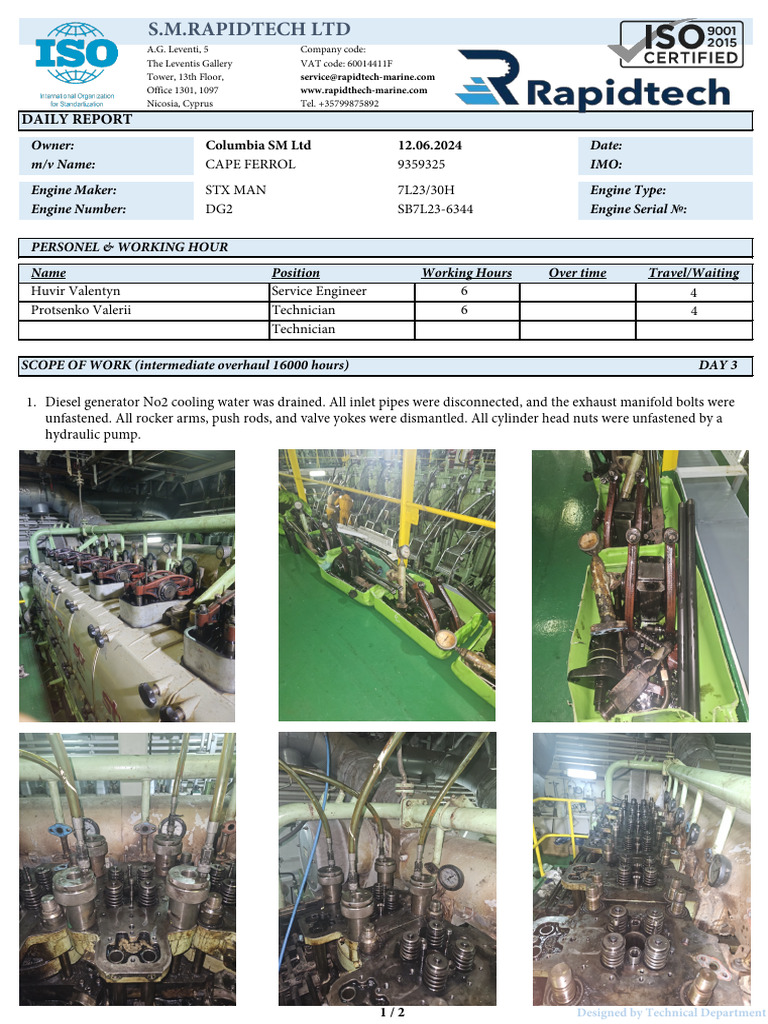 MV Cape Ferrol DG2 Overhaul Daily Work Report 12.06.2024 | PDF ...