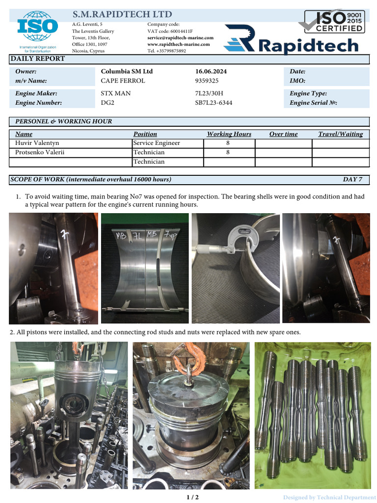 MV Cape Ferrol DG2 Overhaul Daily Work Report 16.06.2024 | PDF ...
