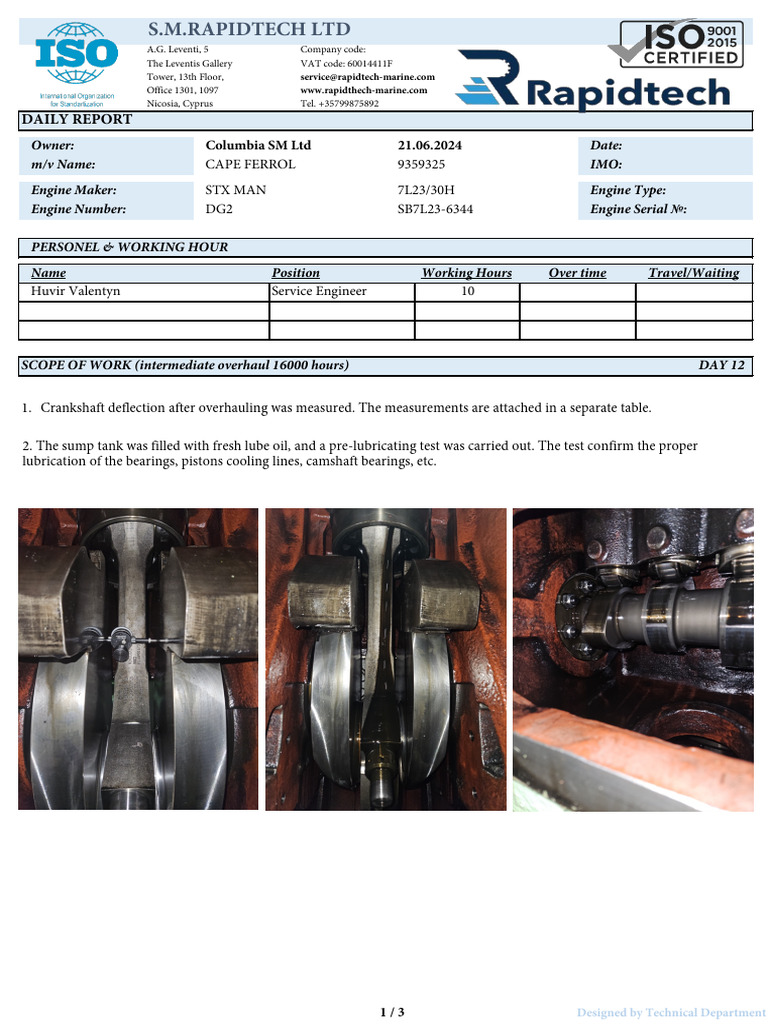 MV Cape Ferrol DG2 Overhaul Daily Work Report 21.06.2024 | PDF ...